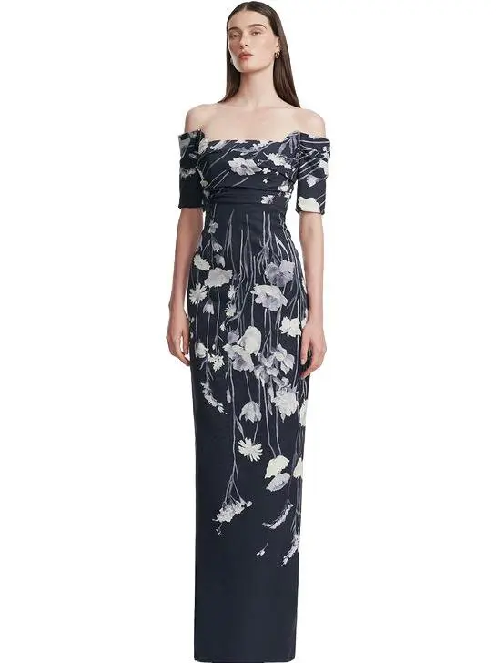 Lela Rose Floral Faille Cuff Sleeve Gown - Navy / Multicolor
