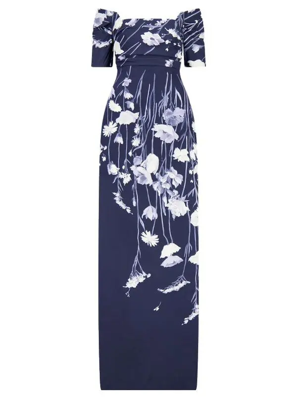 Lela Rose Floral Faille Cuff Sleeve Gown - Navy / Multicolor