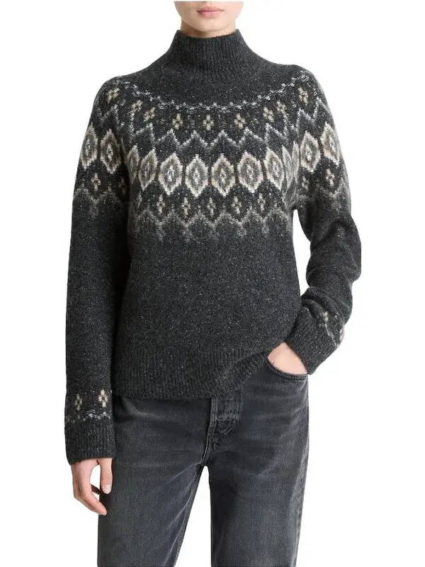 Vince Fair Isle Donegal Cashmere Turtleneck Sweater - Charcoal