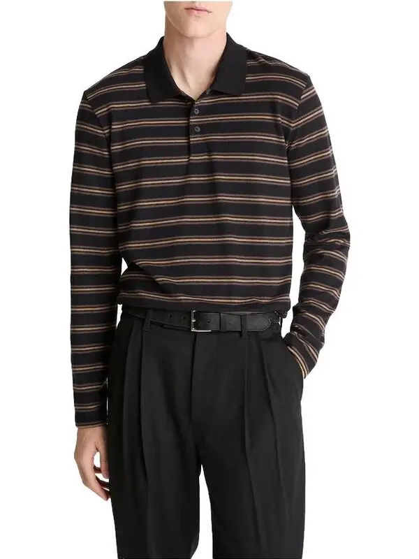 Vince Striped Cotton-blend Long-sleeve Polo Shirt - Black