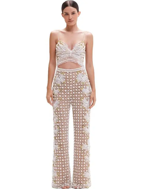 PatBO Butterfly Embroidered Tulle Pants - White