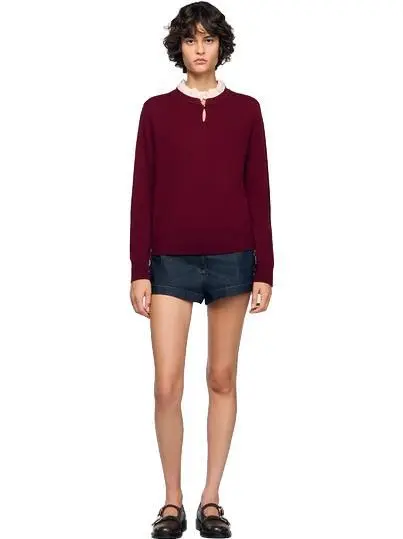 Sandro Ruffled-neck Fine Knit Sweater - Burgundy
