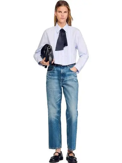 Sandro Striped Cropped Shirt With Removable Tie - Blue / Navy