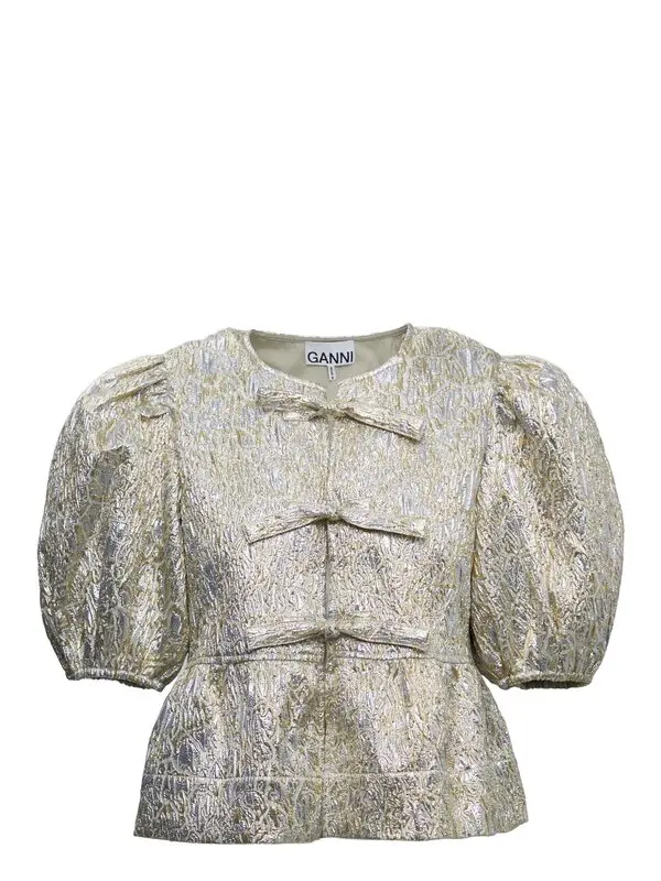 GANNI Metallic Cloque Peplum Blouse - Silver,guld