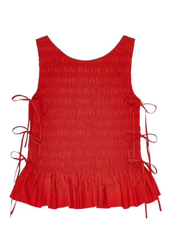GANNI Cotton Poplin Smock Top With Tie String - Red