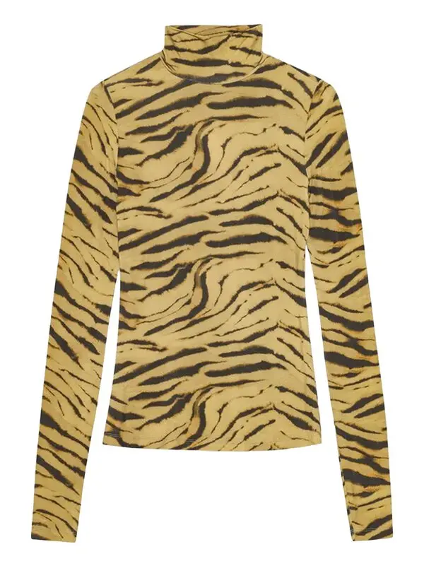 GANNI Printed Shiny Jersey Turtleneck Top - Khaki