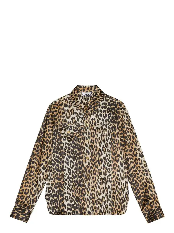 GANNI Printed Satin Shirt - Leopard