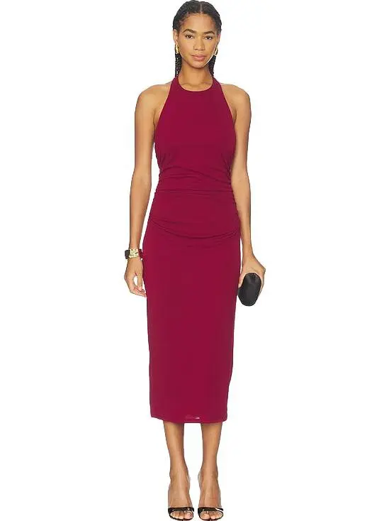 Astr The Label Zaira Ruched Halter Neck Midi Dress - Wine