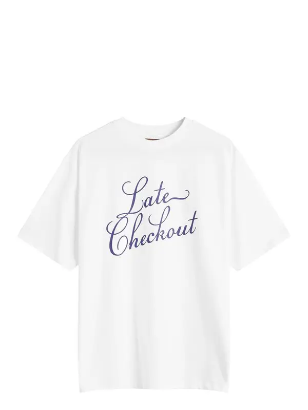 LATE CHECKOUT Blue Script T-shirt - White