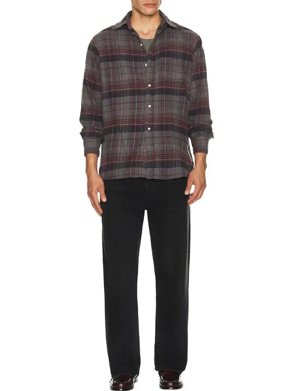BEAMS Open Collar Brushed Satin Plaid Shirt - Red