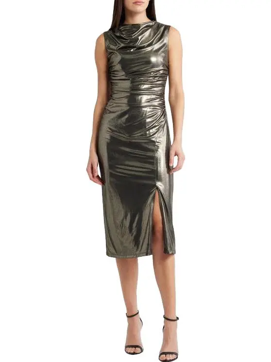 Vince Camuto Metallic Cowl Neck Sheath Dress - Gold