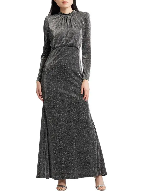Vince Camuto Metallic Rhinestone Long Sleeve Mermaid Gown - Black Silver