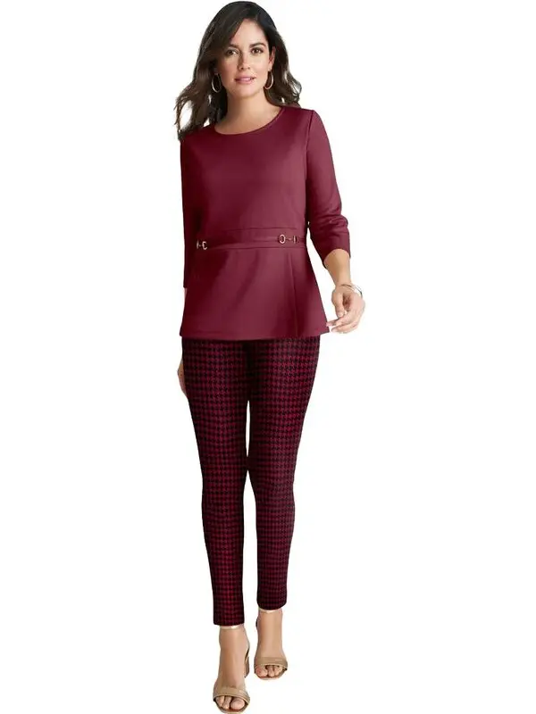 JESSICA LONDON Ponte Legging - Burgundy Houndstooth