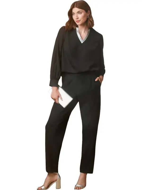 JESSICA LONDON Georgette V-neck Blouse With Lurex Trim - Black