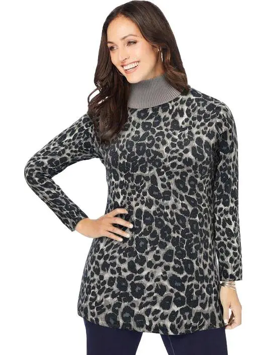 JESSICA LONDON Cotton Cashmere Turtleneck - Grey Painterly Cheetah