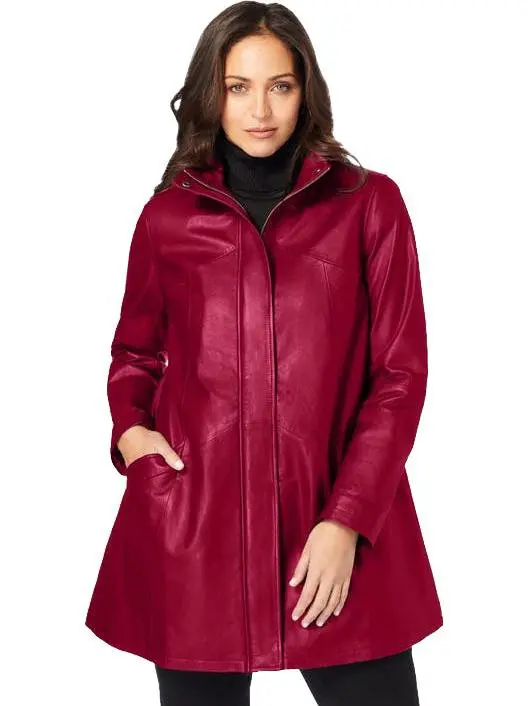 JESSICA LONDON A-line Zip Front Leather Jacket - Rich Burgundy