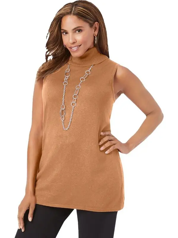 JESSICA LONDON Sleeveless Cashmere Turtleneck Shell - Brown Maple
