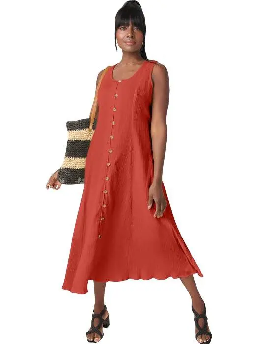 JESSICA LONDON A-line Button-front Gauze Dress - Burnt Red