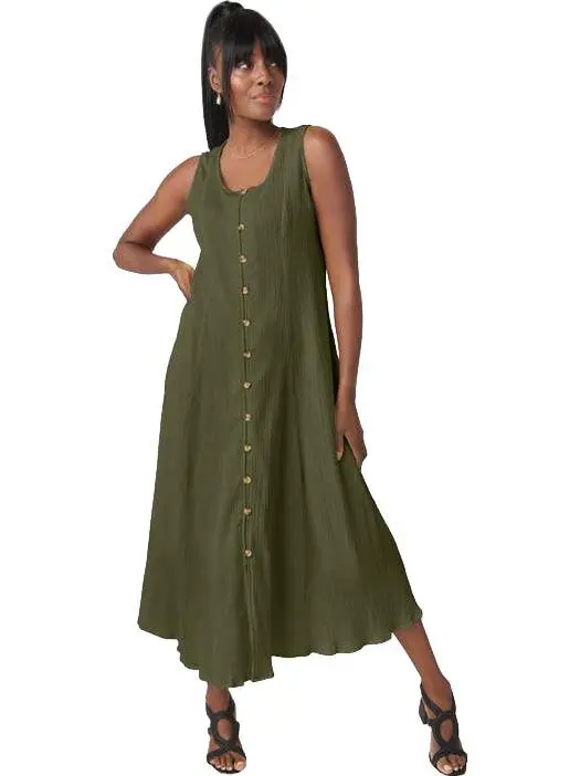 JESSICA LONDON A-line Button-front Gauze Dress - Dark Olive Green