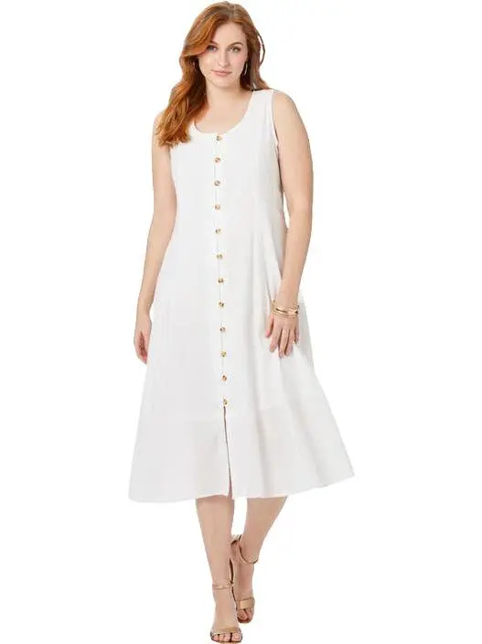 JESSICA LONDON Button-front Gauze A-line Dress - White