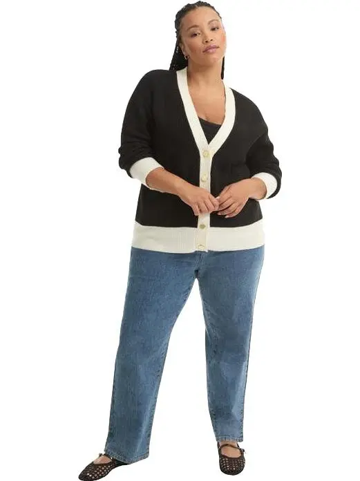 JUNE + VIE Relaxed-fit Contrast V-neck Cardigan - Black And Cream