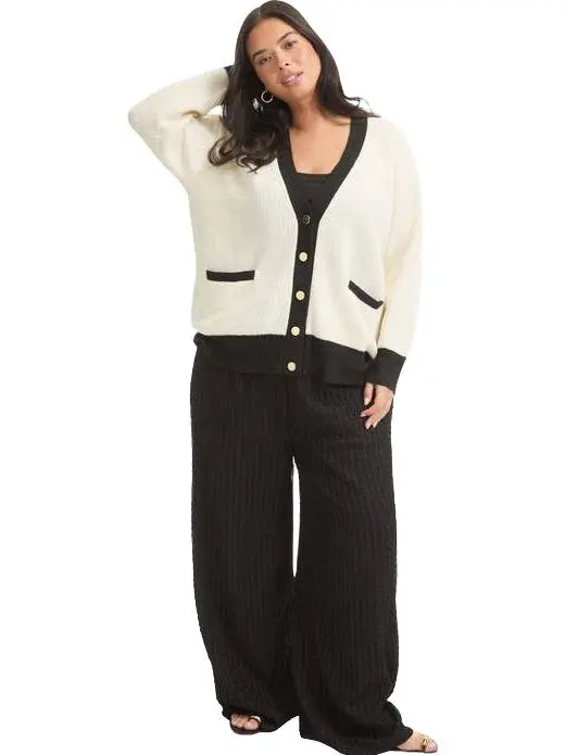 JUNE + VIE Relaxed-fit Contrast V-neck Cardigan - Cream And Black