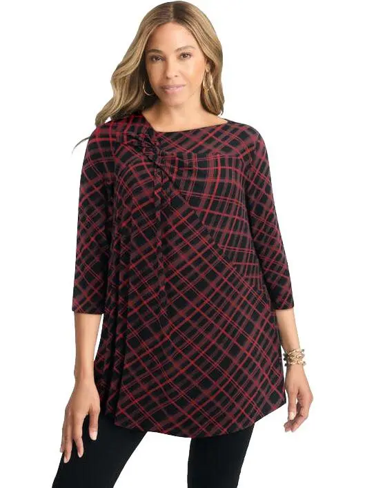 JESSICA LONDON Twist-front Trapeze Tunic - Black Red Plaid