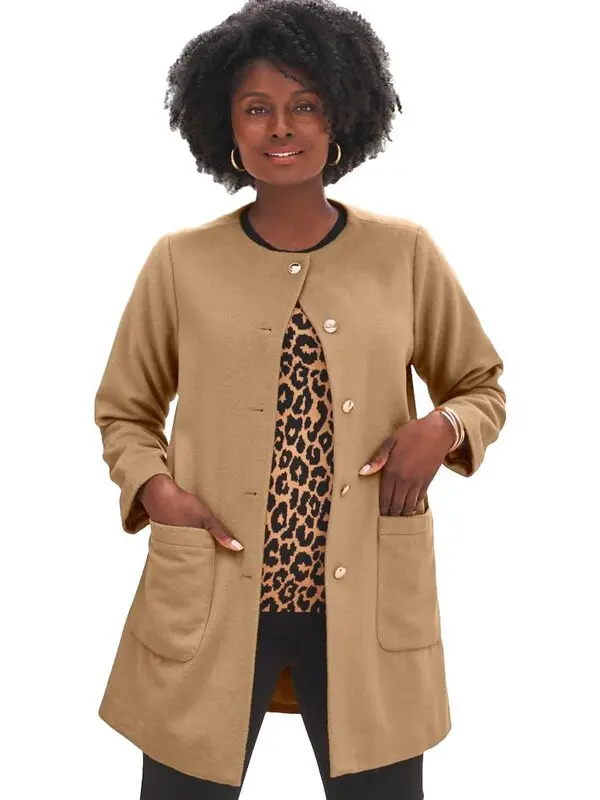 JESSICA LONDON Collarless Button Front Coat - Soft Camel