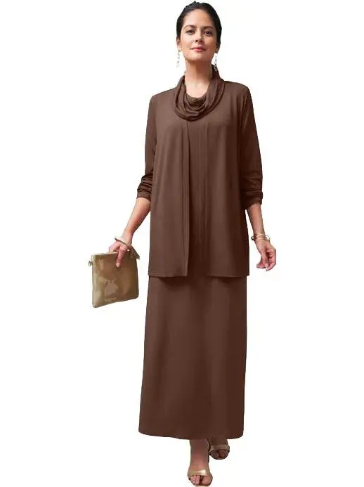 JESSICA LONDON Cowlneck Jacket Dress Set - Rich Brown