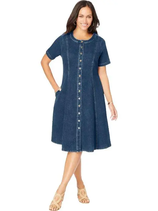JESSICA LONDON Button Front Denim Shirtdress - Medium Stonewash