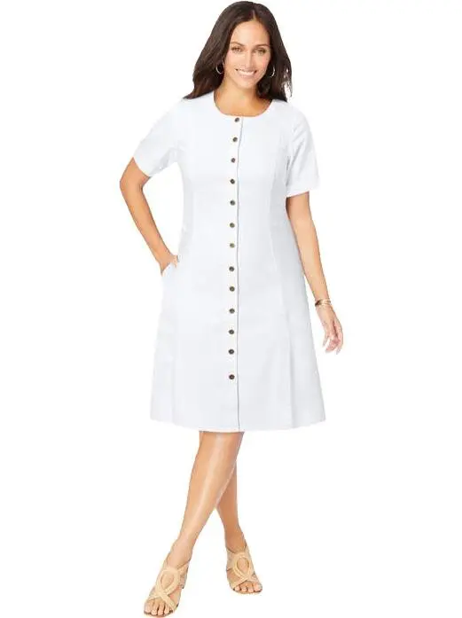 JESSICA LONDON Button Front Denim Dress - White