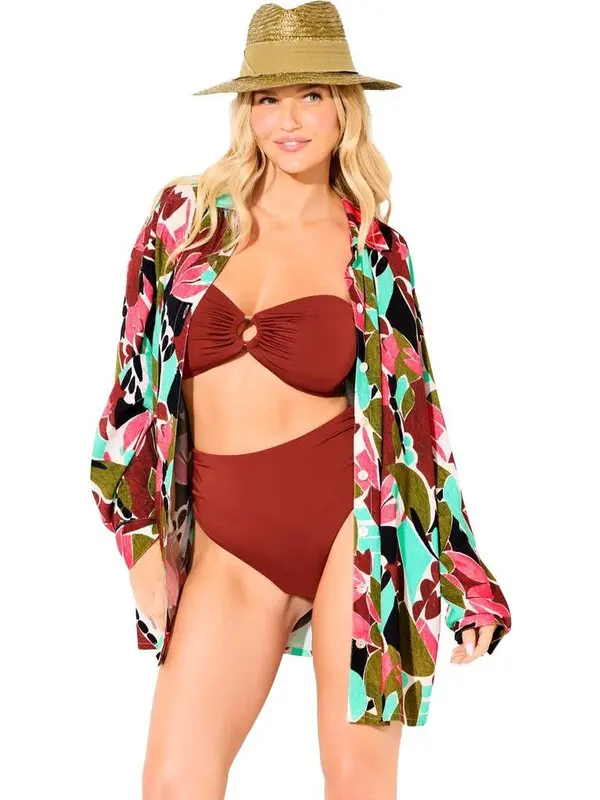 SWIMSUITS FOR ALL Oversized Buttondown Lounge Cover Up Shirt - Abstract Island