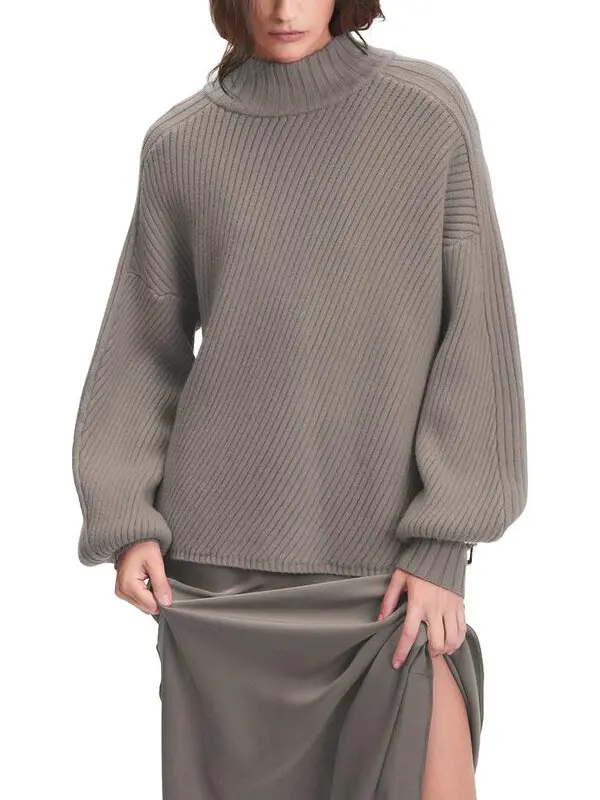 Deluc Nelson Balloon Sleeve Ribbed Mock Neck Sweater - Melange Mink