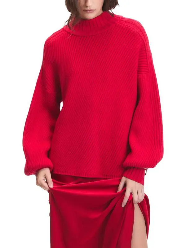 Deluc Nelson Balloon Sleeve Ribbed Mock Neck Sweater - Red