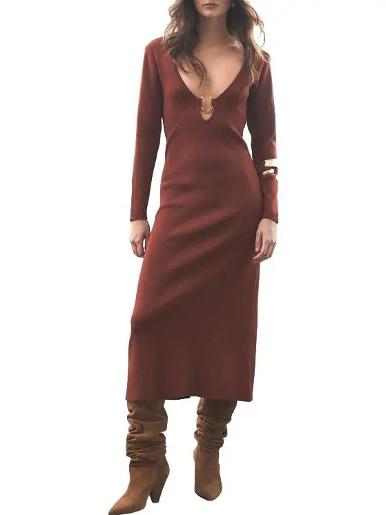 Deluc Maurice Long Sleeve Knit Midi Dress - Brick