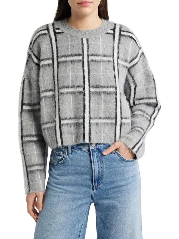Deluc Plaid Jacquard Mock Neck Sweater - Grey Melange