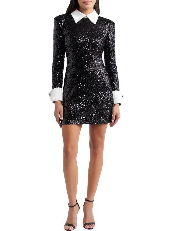 Eliza J Collared Sequin Minidress - Black White
