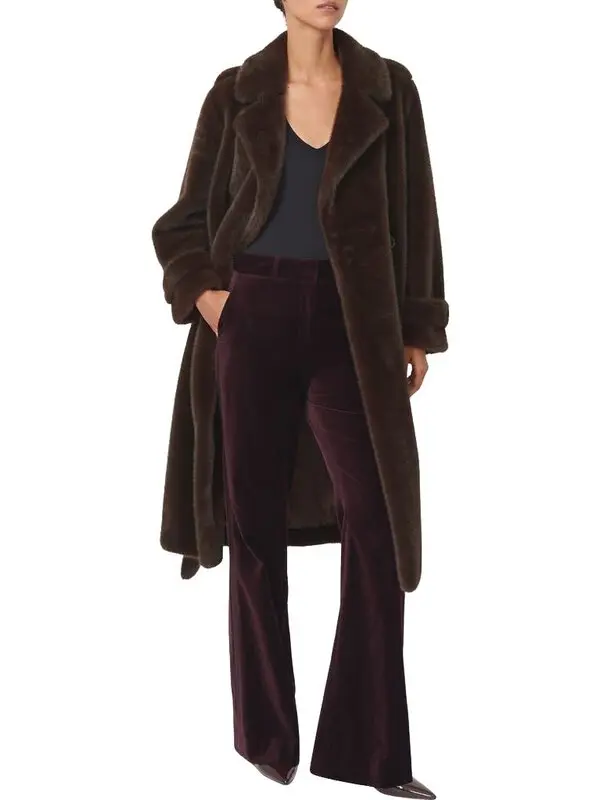 REISS Belted Faux Fur Coat - Chocolate Brown
