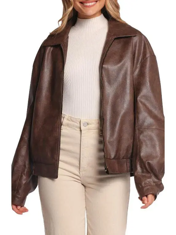 PETAL & PUP Zoe Faux Leather Bomber Jacket - Brown