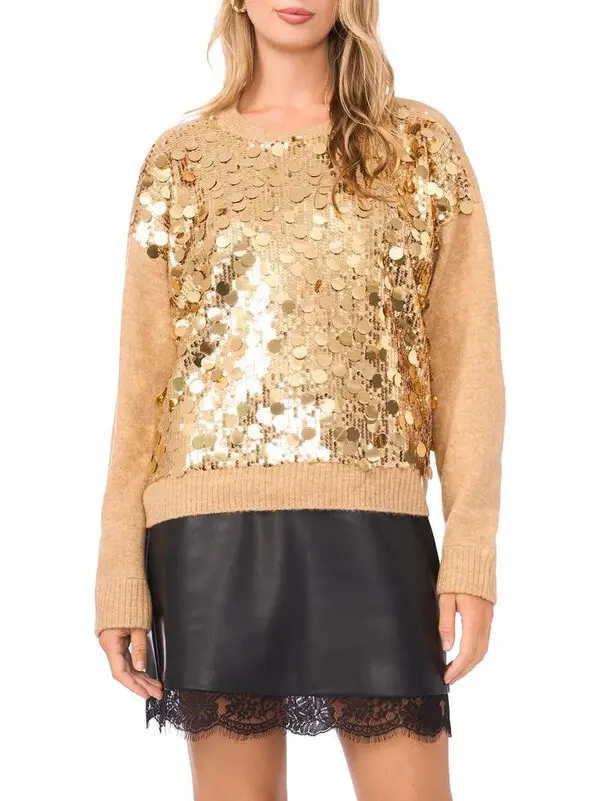 Vince Camuto Paillette Crewneck Sweater - Latte Heather