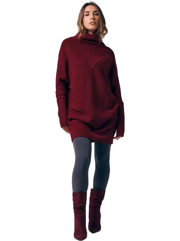 LE FAFO Slouch Neck Dolman Sleeve Sweater Dress - Burgundy