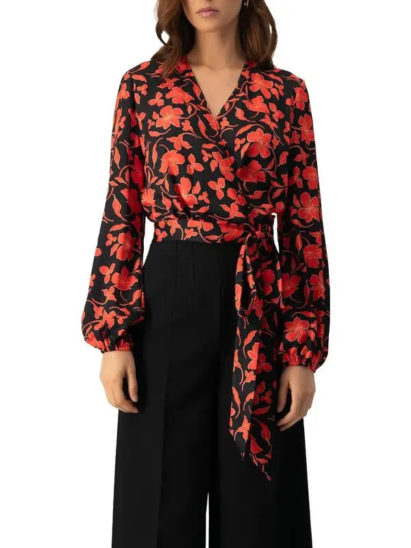 IVONNE Floral Print Wrap Blouse - Red