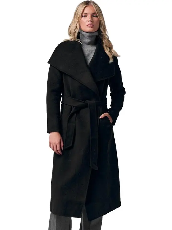 LE FAFO Draped Collar Merino Wool Wrap Coat - Black