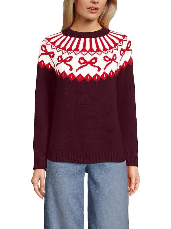 LANDS' END Drifter Jacquard Raglan Crew Neck Sweater - Burgundy Bow Fairisle