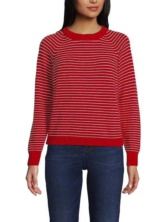 LANDS' END Drifter Jacquard Raglan Crew Neck Sweater - Compass Red/ivory Mini Stripe