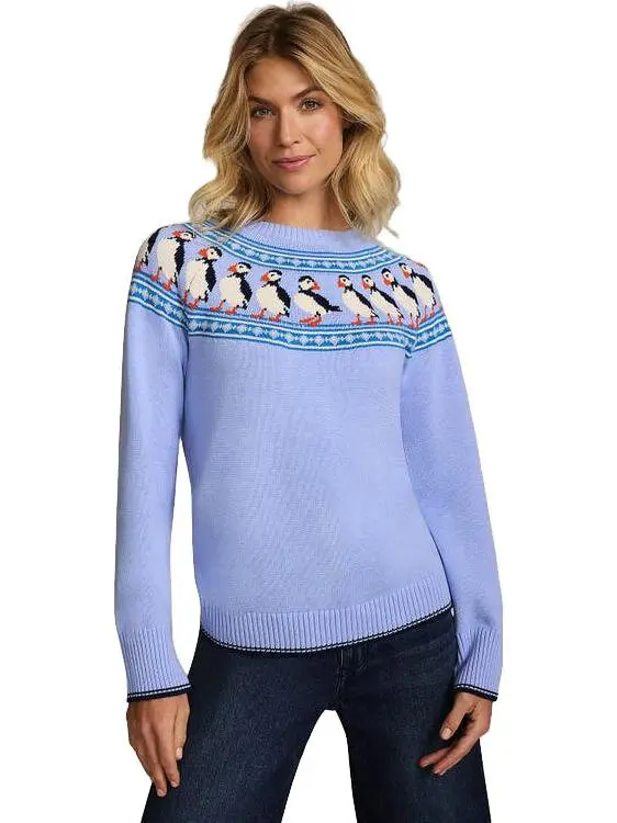 LANDS' END Drifter Jacquard Raglan Crew Neck Sweater - Puffins/blue