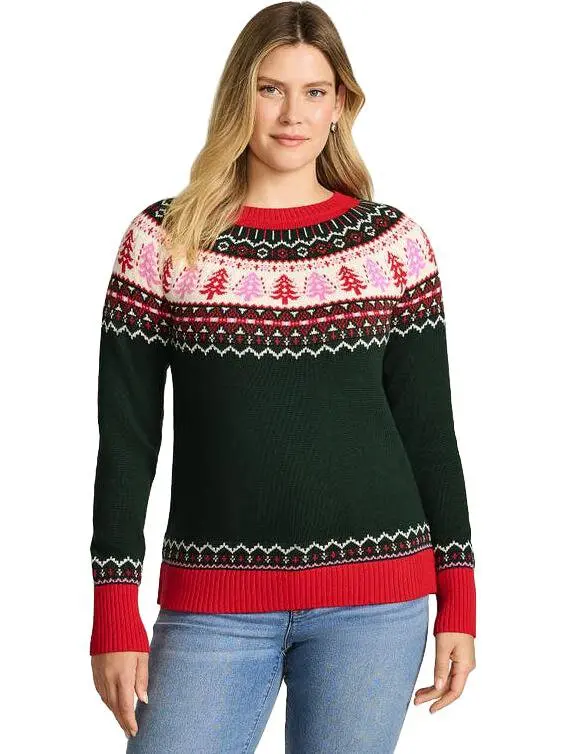 LANDS' END Drifter Jacquard Raglan Crew Neck Sweater - Trees/green And Red
