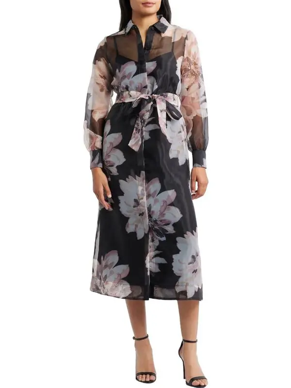 Anne Klein Floral Print Organza Midi Shirtdress - Black Multi/black