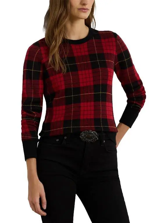 Ralph Lauren Plaid Cotton Blend Crewneck Sweater - Black/red Multi