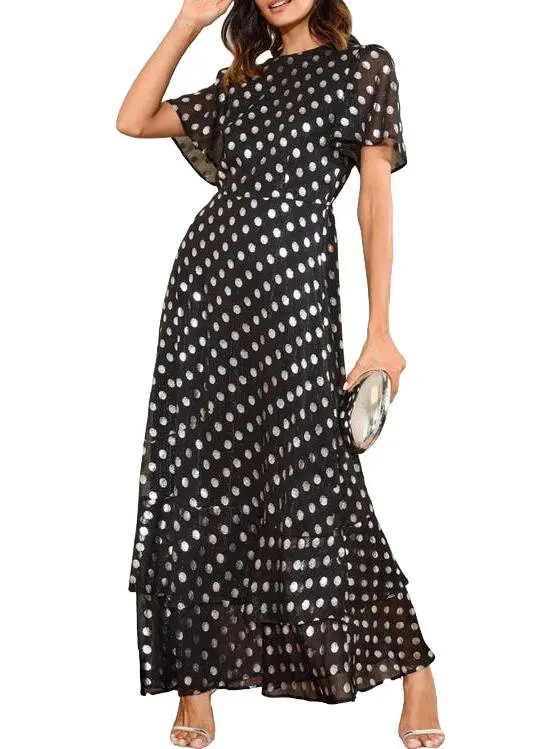 FRIENDS LIKE THESE Foil Polka Dot Chiffon Maxi Dress - Black